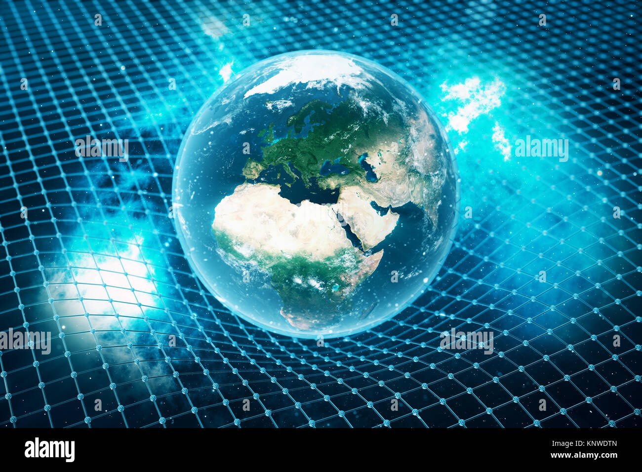 3D illustration Earth's gravity bends space around it. With bokeh ...