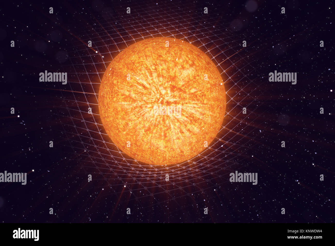 3D illustration Sun gravity bends space around it. With bokeh effect ...