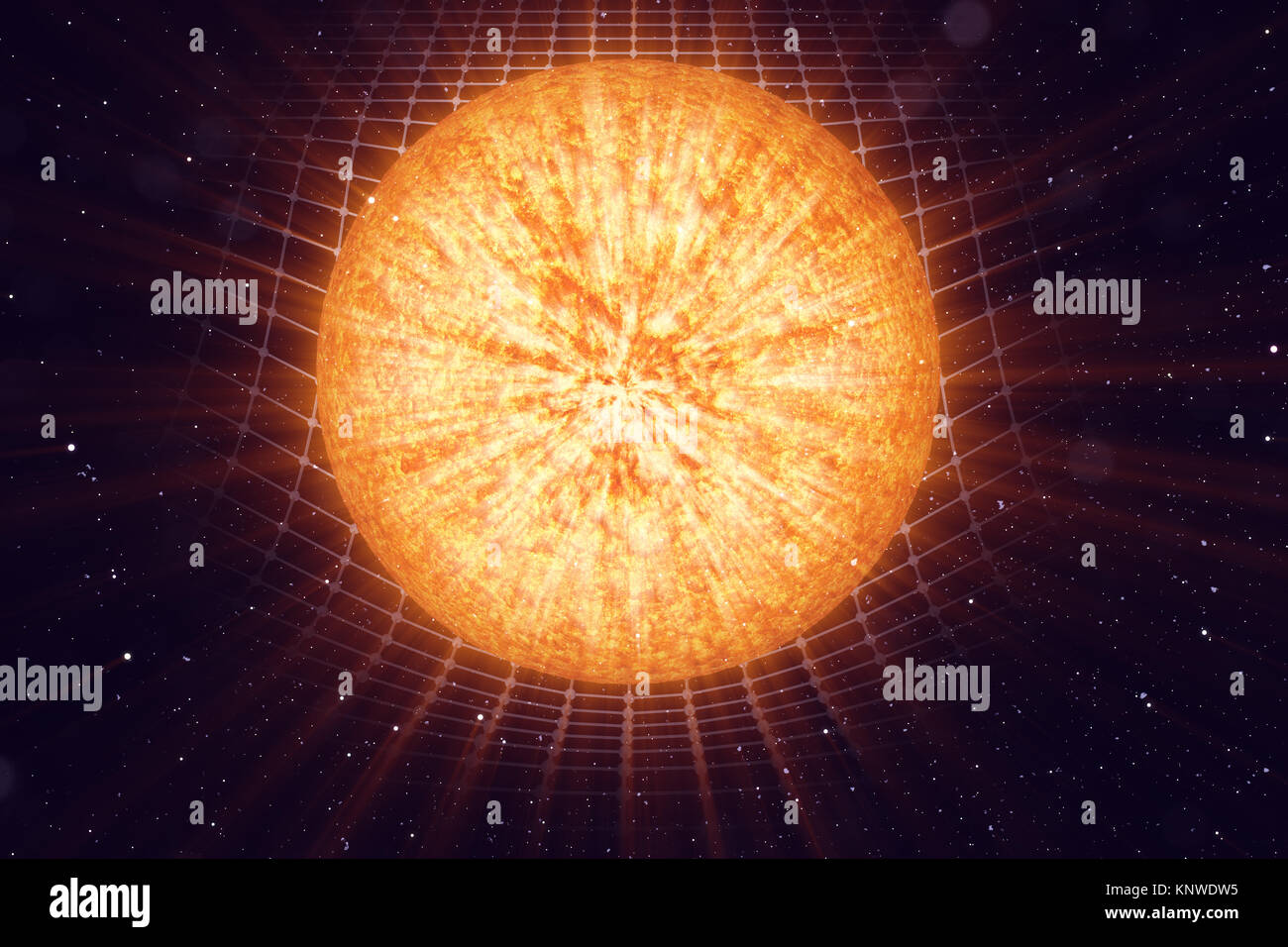 3D illustration Sun gravity bends space around it. With bokeh effect ...