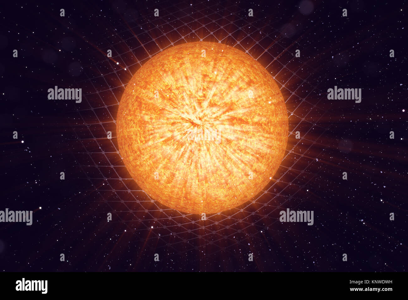 3D illustration Sun gravity bends space around it. With bokeh effect ...