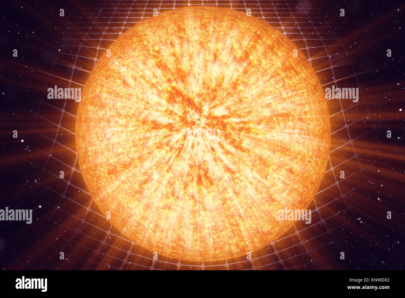 3D illustration Sun gravity bends space around it. With bokeh effect ...