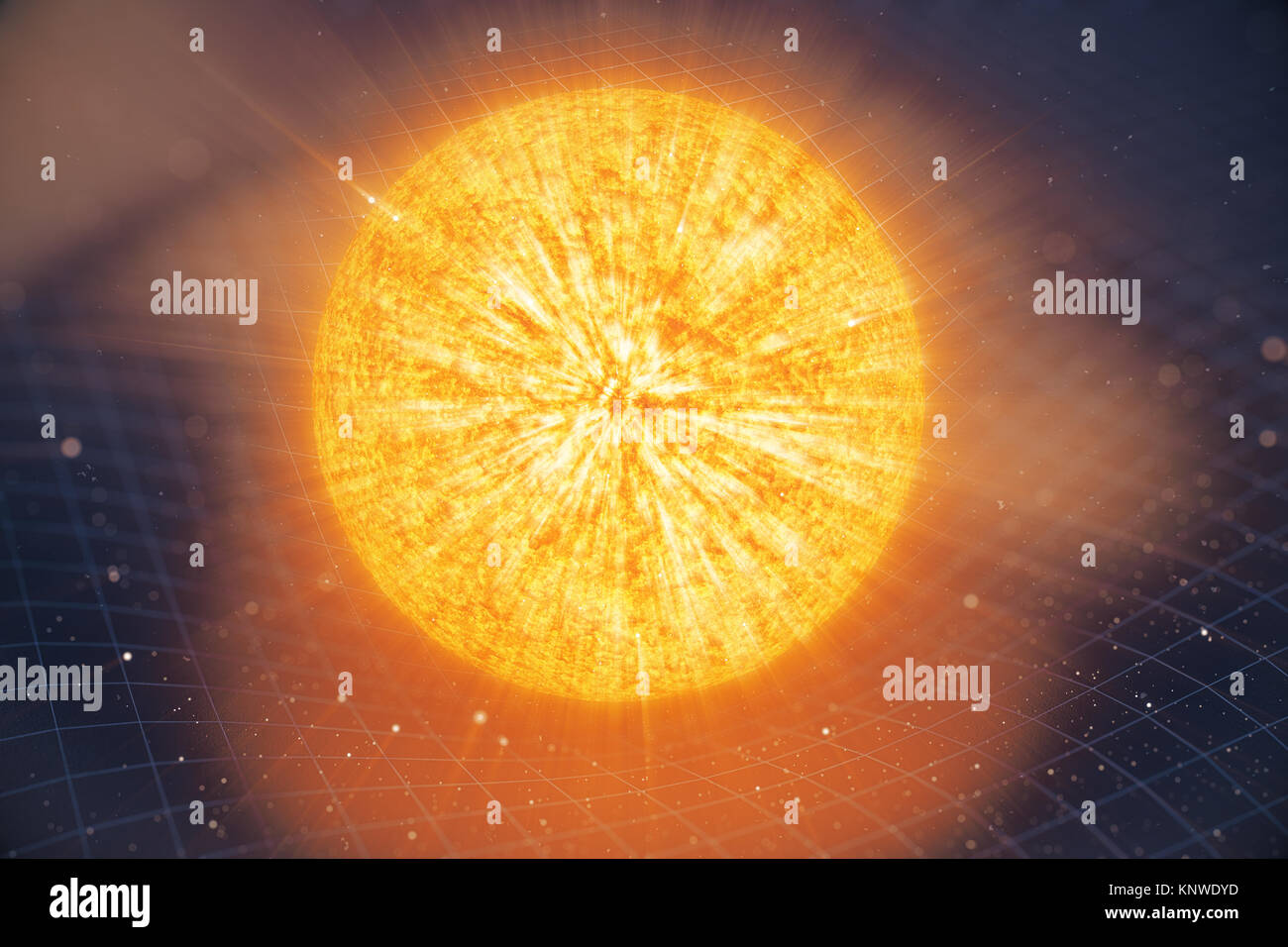 3D illustration Sun gravity bends space around it. With bokeh effect ...