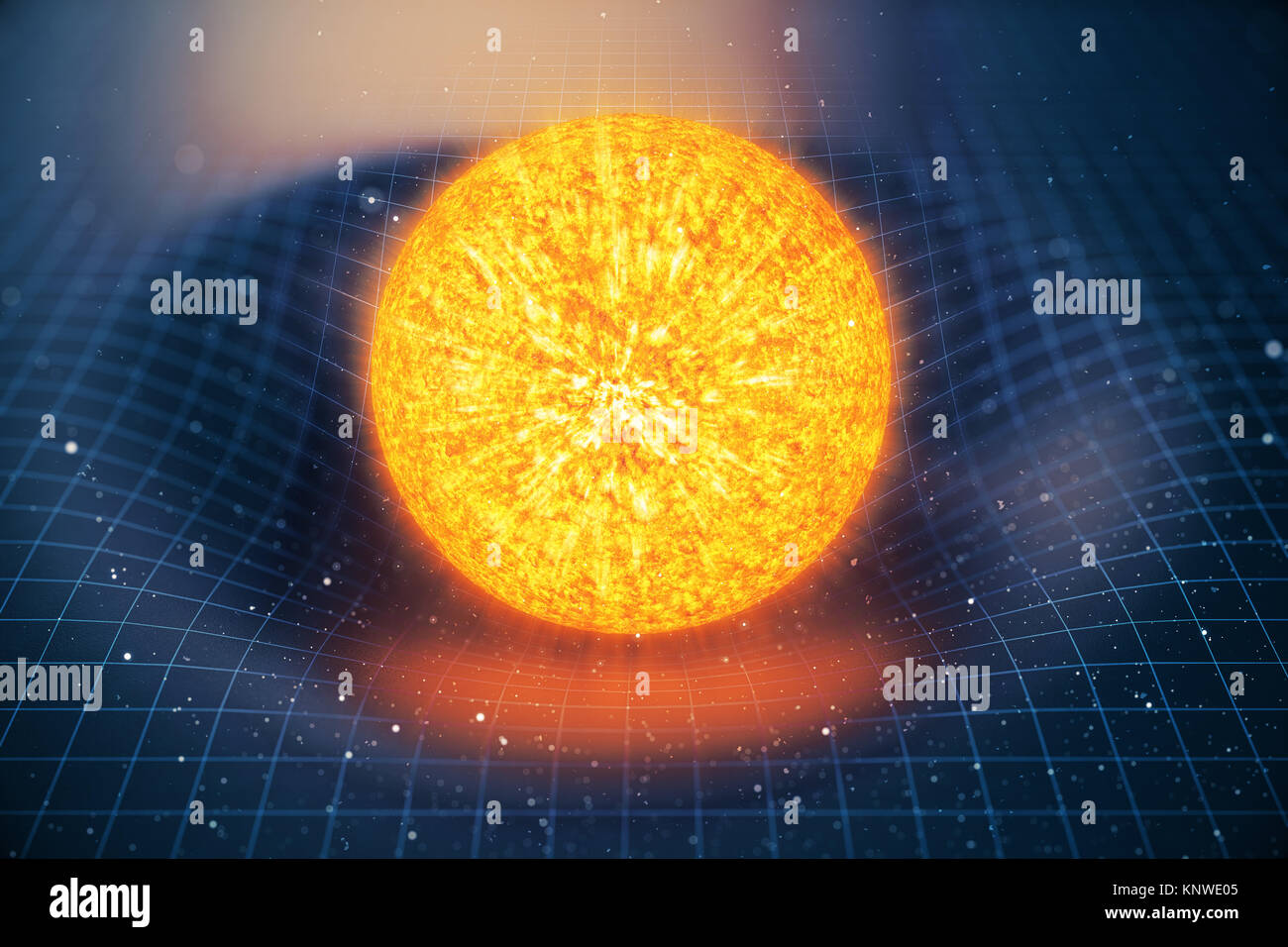 3D illustration Sun gravity bends space around it. With bokeh effect ...