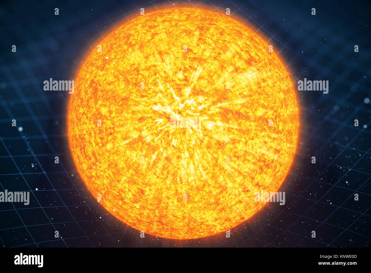 3D illustration Sun gravity bends space around it. With bokeh effect ...