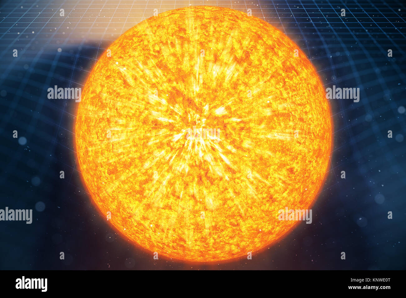 3D illustration Sun gravity bends space around it. With bokeh effect ...