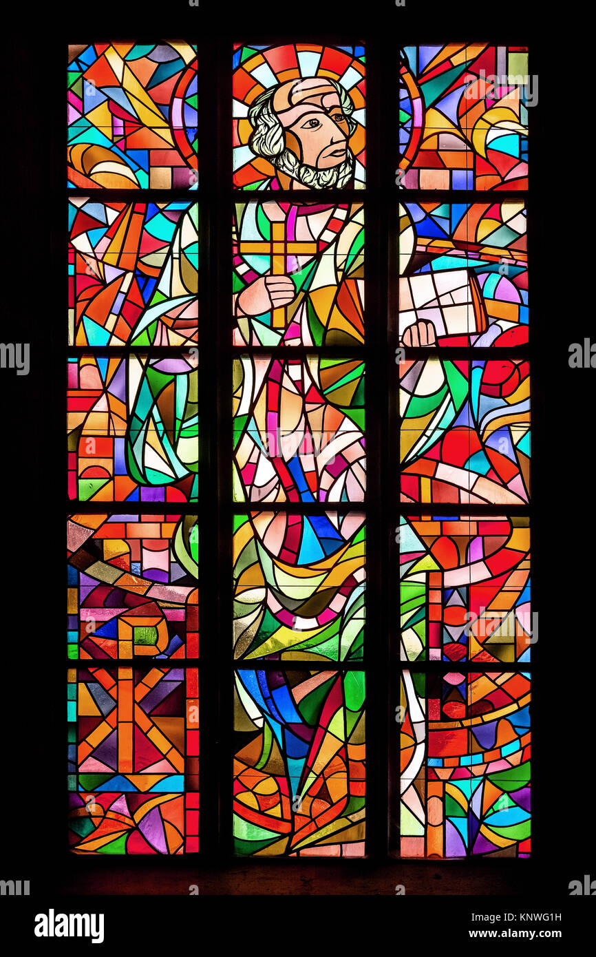 Baden-Baden, Germany - MARCH 27: Stained glass window depicting Saint ...
