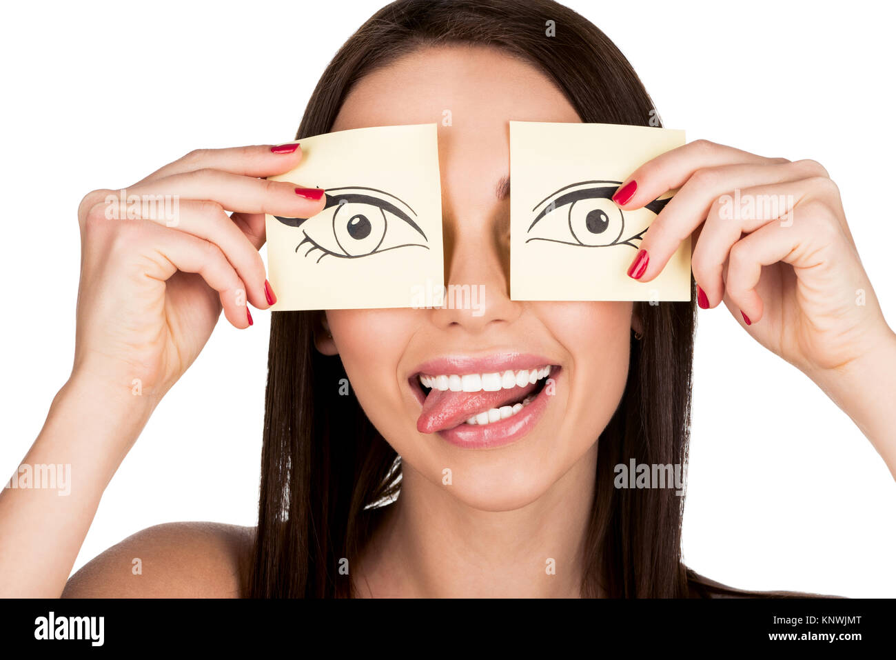 woman covering eyes with stickers Stock Photo - Alamy