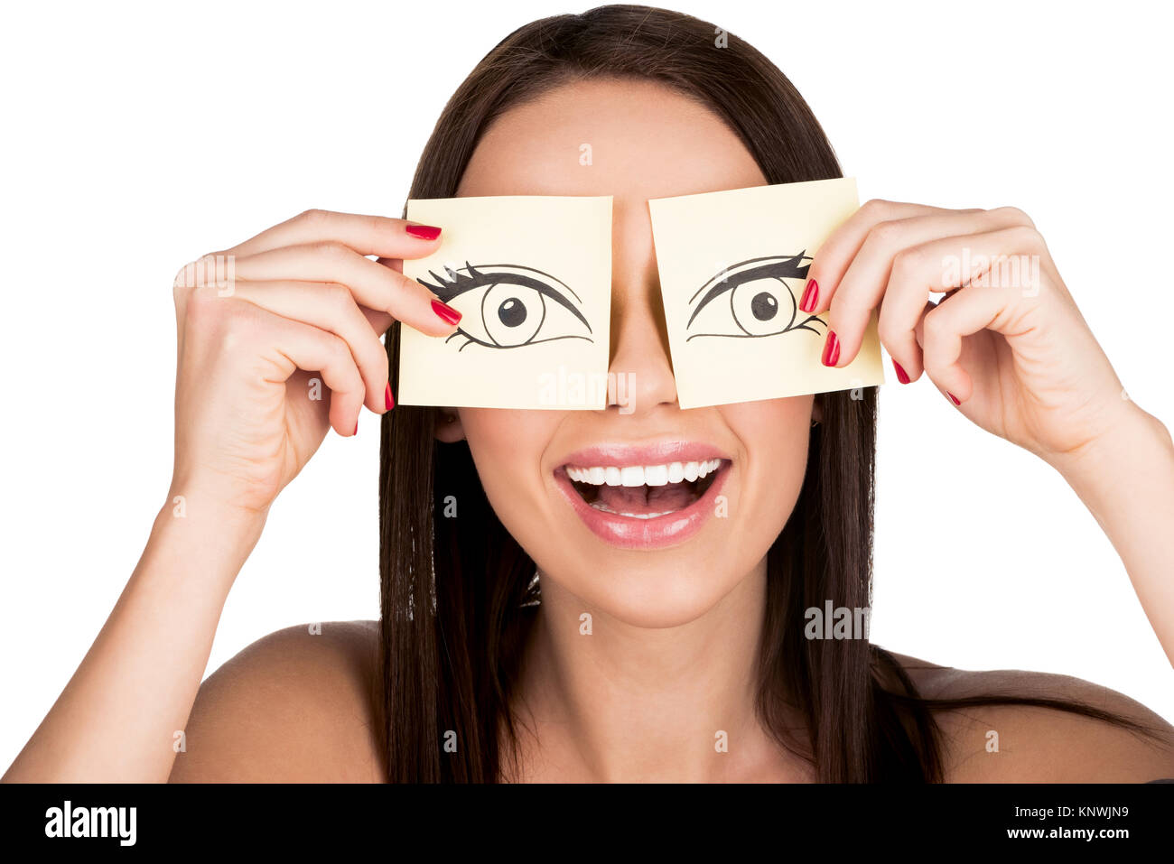 woman covering eyes with stickers Stock Photo - Alamy
