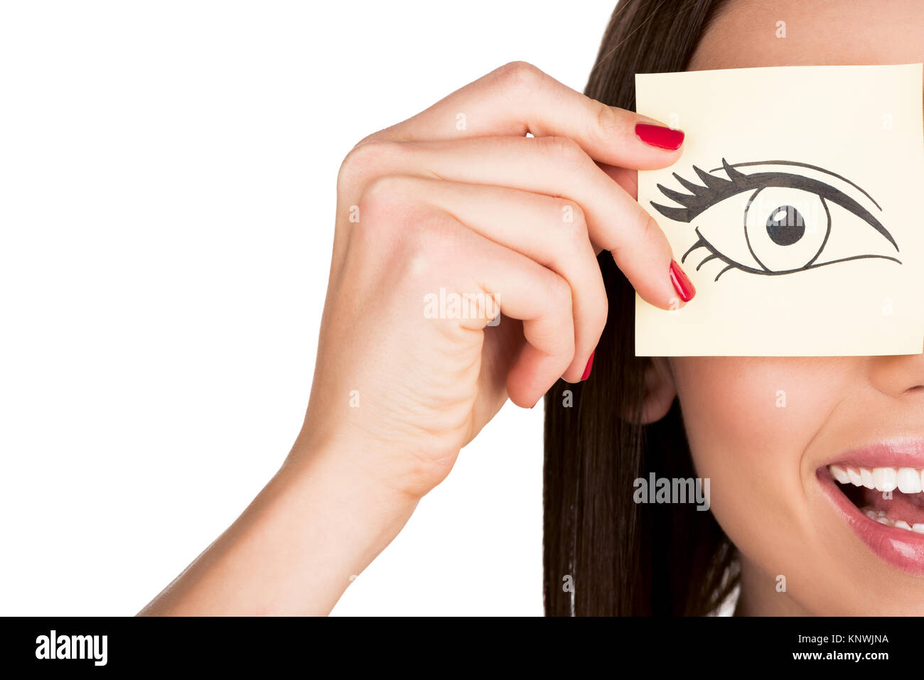 woman covering eye with sticker Stock Photo - Alamy