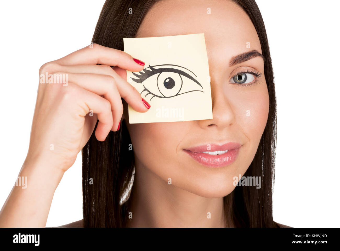 woman covering eye with sticker Stock Photo - Alamy