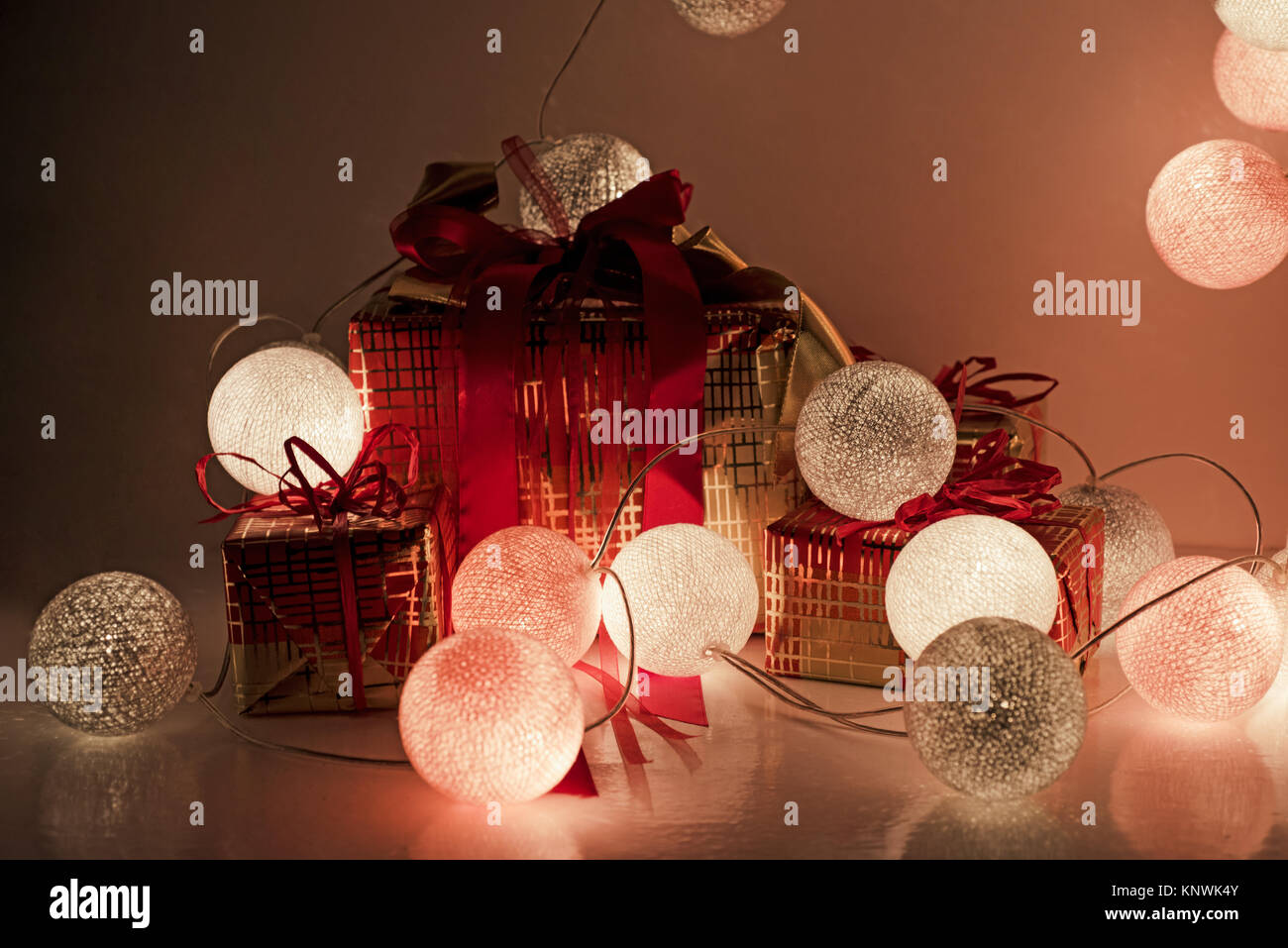 Christmas decorations. Round electric Christmas lights with some decor ...