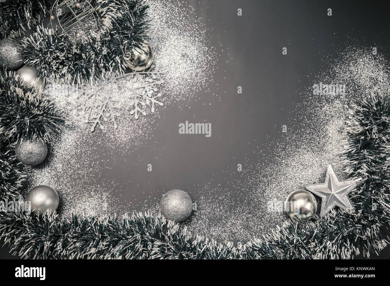 Merry Christmas decoration on black background with silver glitter ...