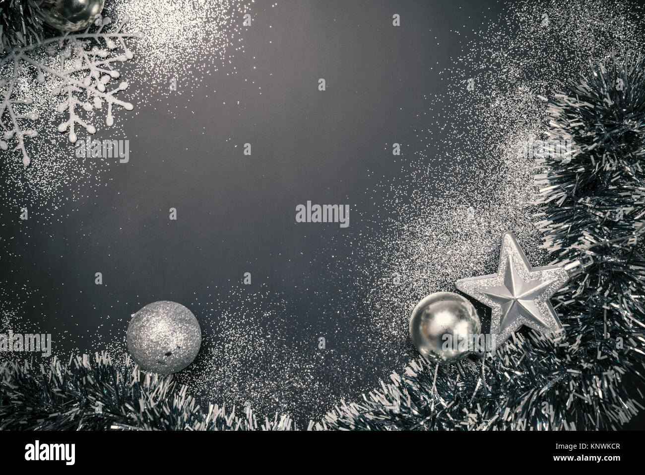 Merry Christmas decoration on black background with silver glitter ...