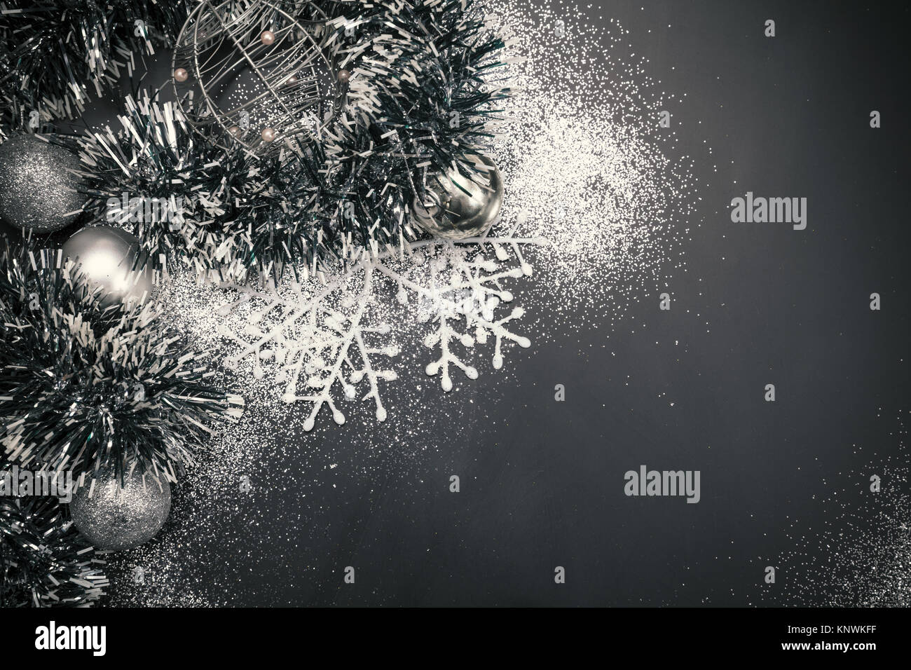 Merry Christmas decoration on black background with silver glitter ...