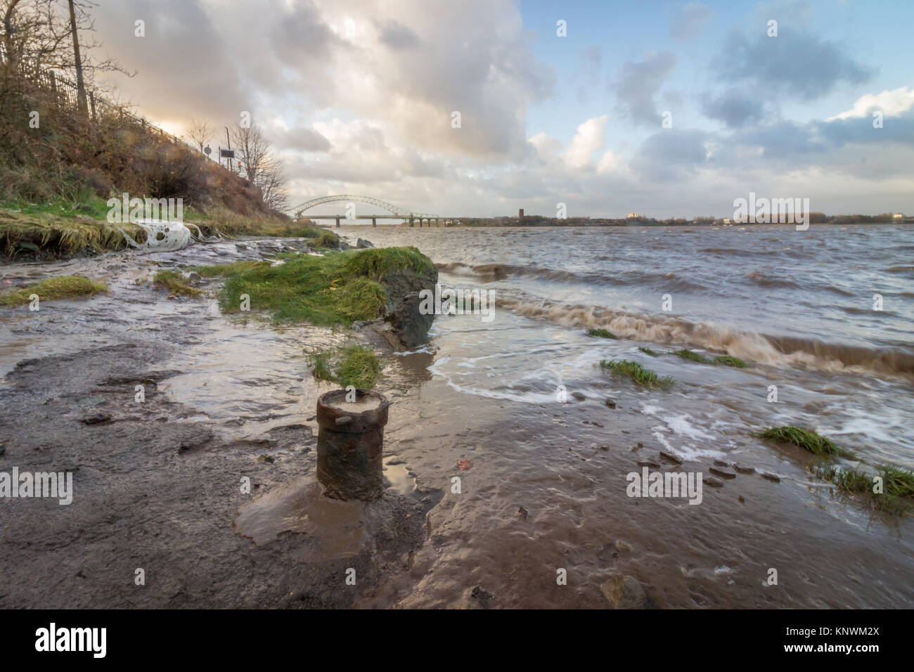 Looking out across the River Mersey at the old Runcorn Silver Jubilee ...