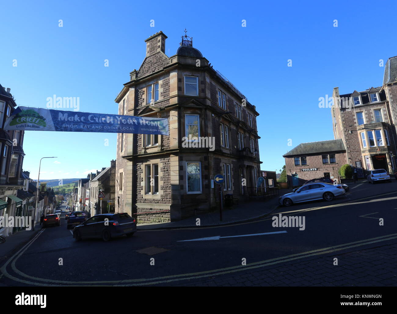 Crieff street scene with banner Scotland November 2017 Stock Photo - Alamy