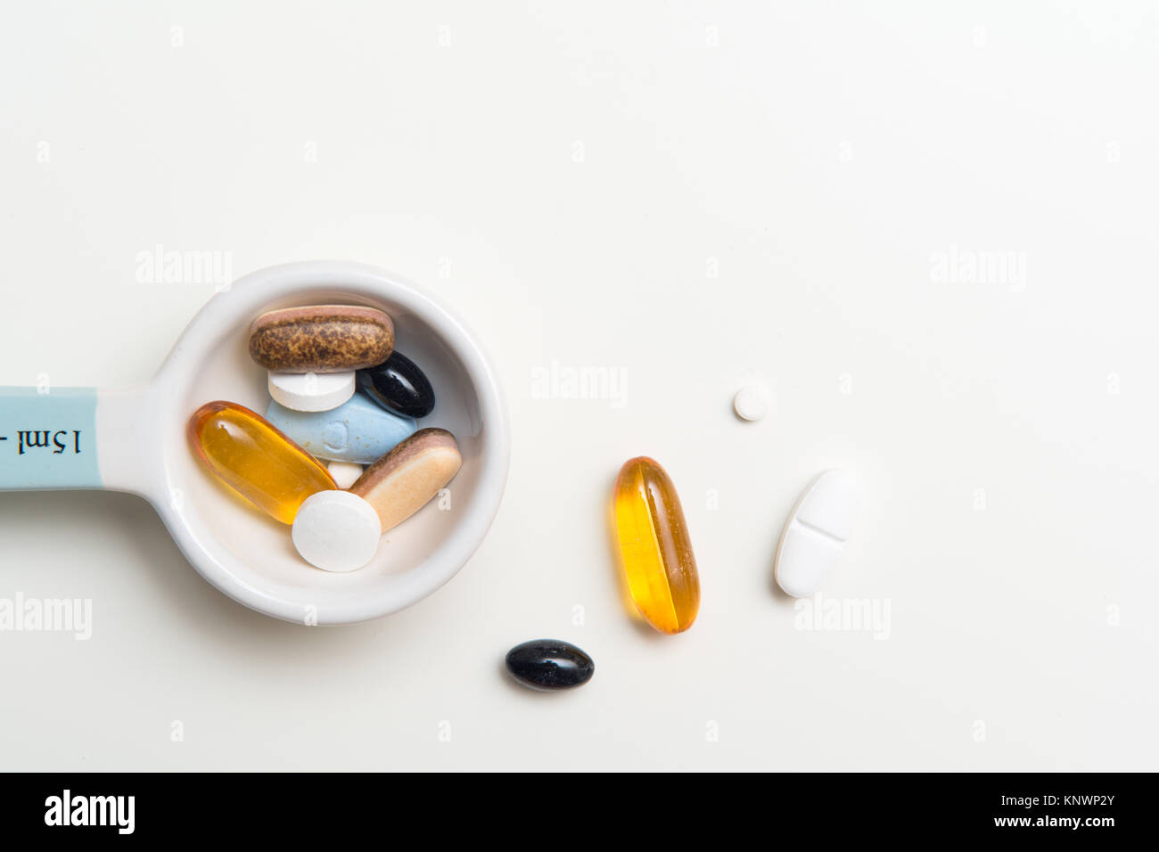 Medicine pills and tablets with spoons to measure medicine dose ...