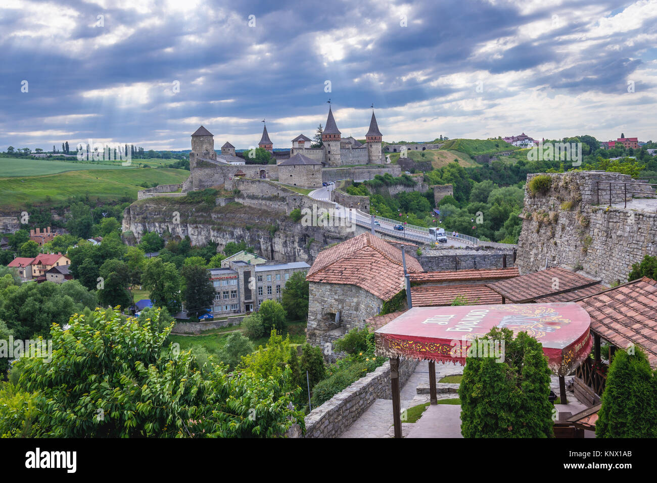 Aerial view of Catle and Turkish bridge in Kamianets-Podilskyi city in ...