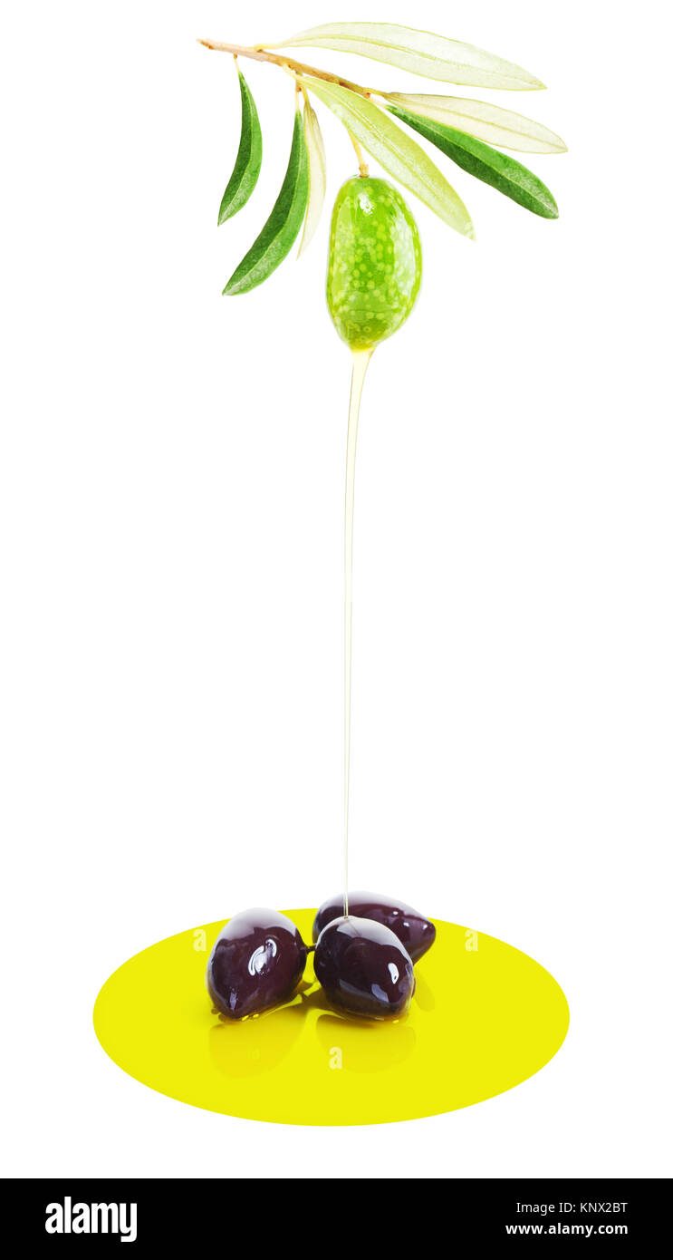 Olives, Green Leaves and Olive Oil Drop Isolated on White Stock Photo ...