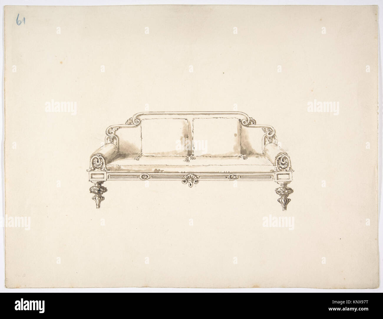 Architectural design drawing of a sofa with two loose cushions ...