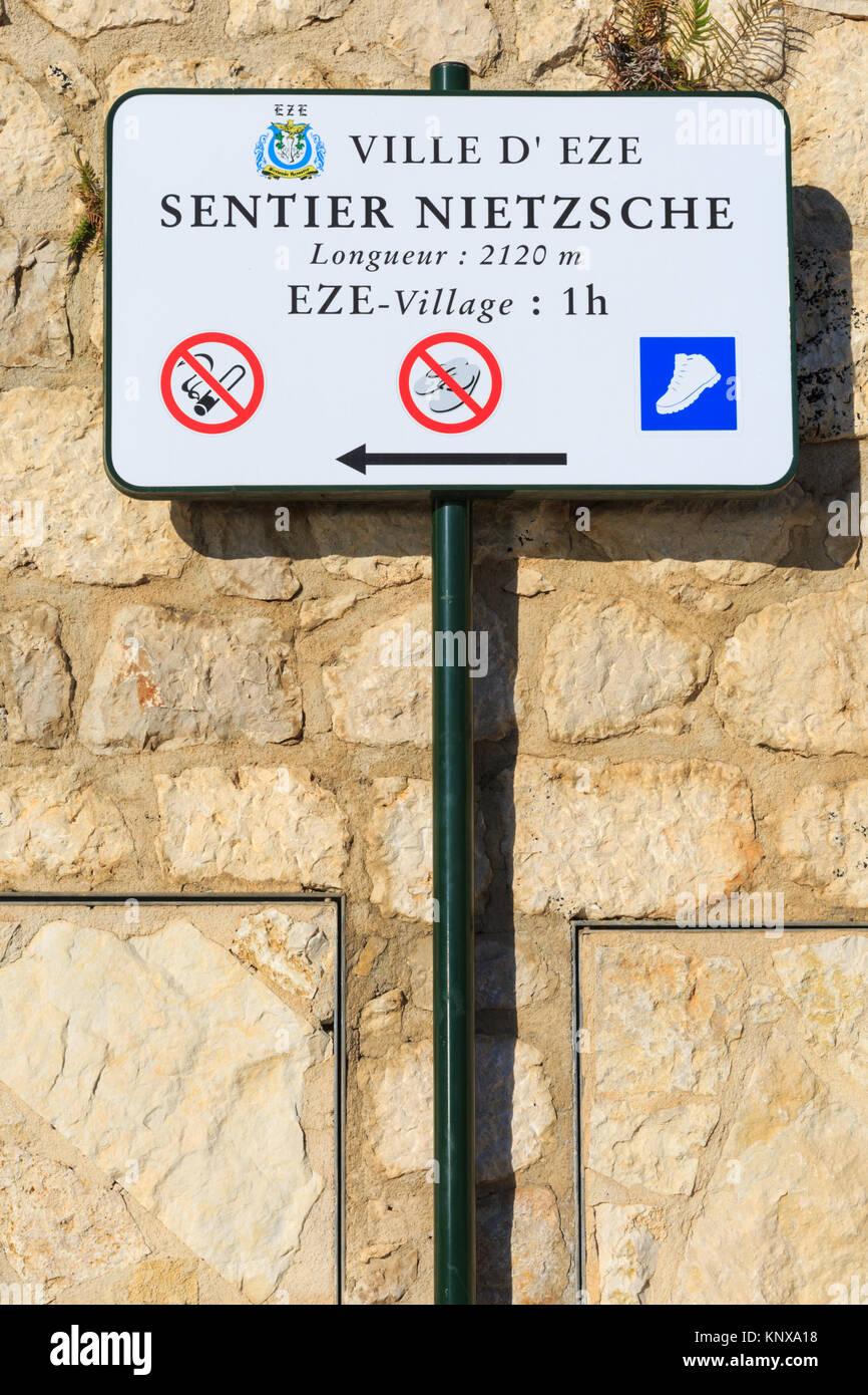 Sign for the Nietzsche Walk, a historic hiking path from the village of ...