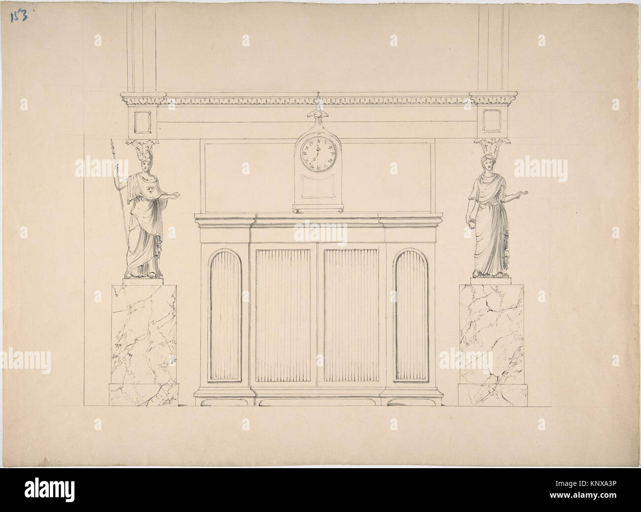 Design for a Cabinet with Inset Fabric Panels, and Two Female Classical ...