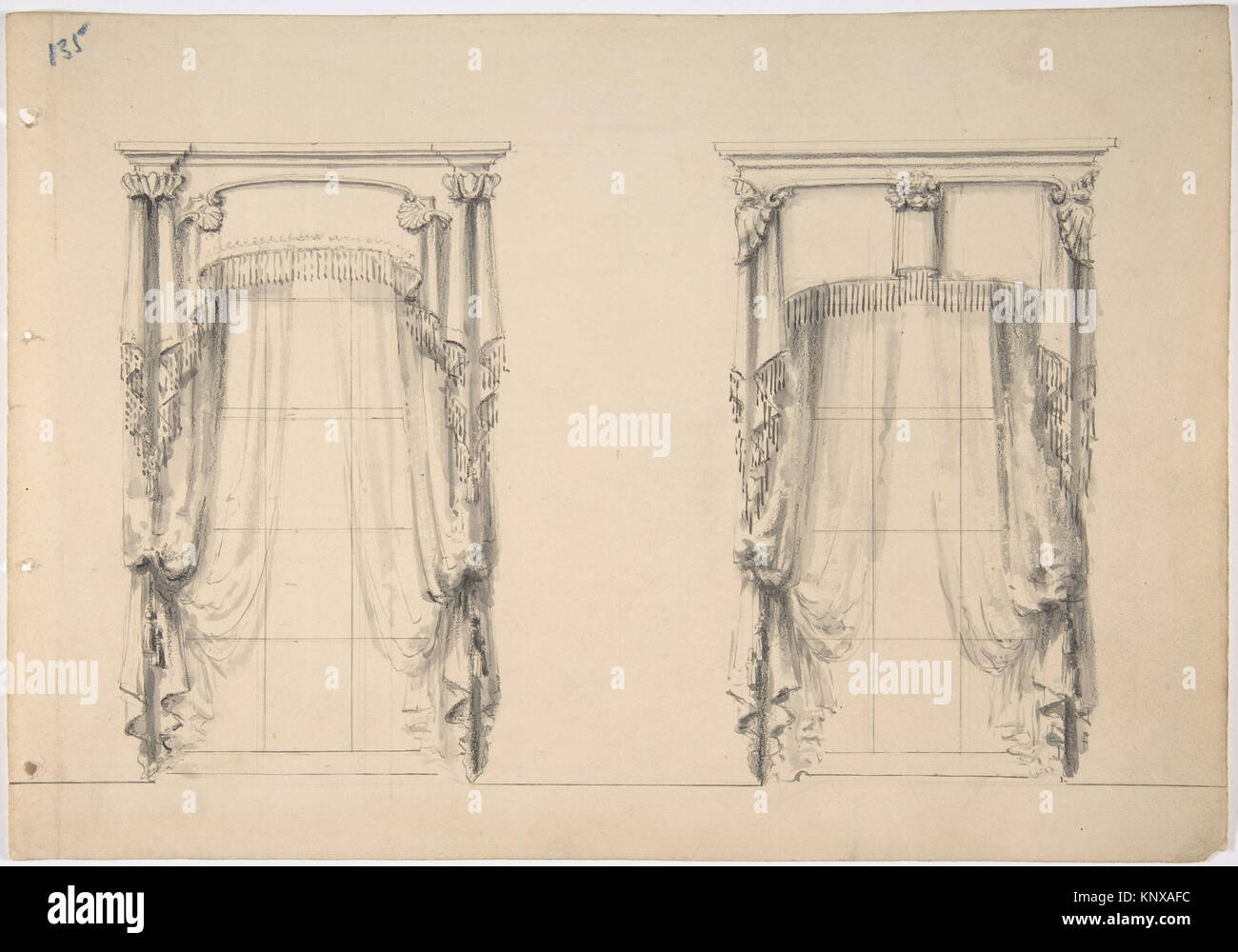 Graphite drawing of fringed curtains hanging at two windows ...