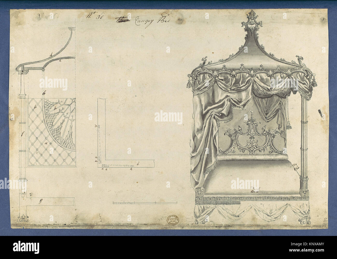 A detailed design of a canopy bed from Chippendale Drawings, Vol. I ...
