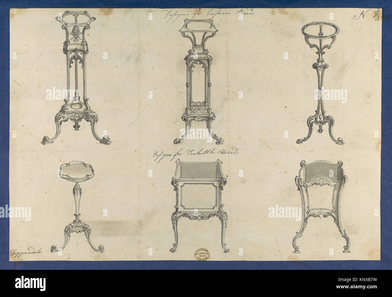 Designs for Basin Stands and Teakettle Stands, in Chippendale Drawings ...