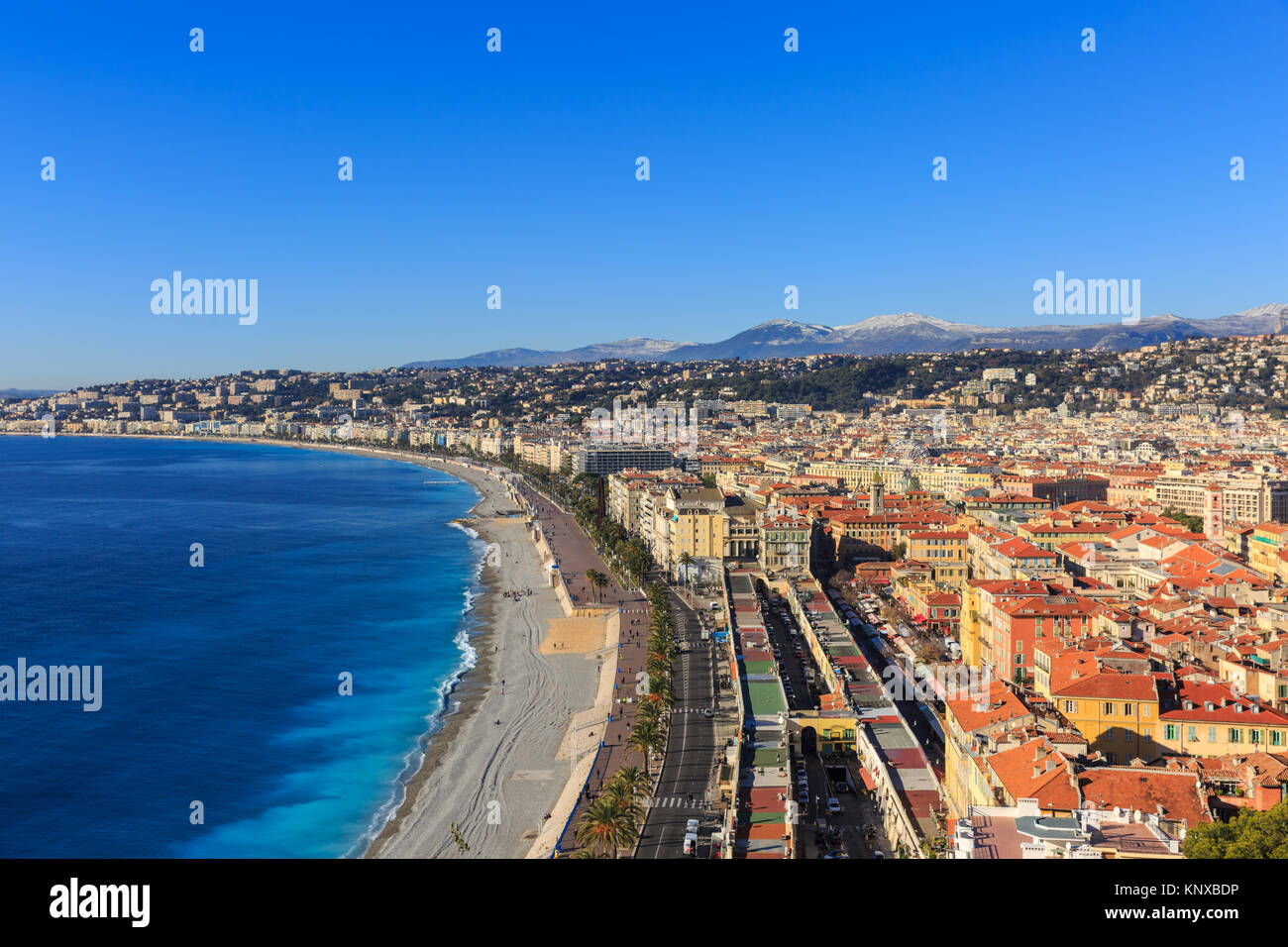Panoramic view across the sea, Nice Beach and Nice town from above ...