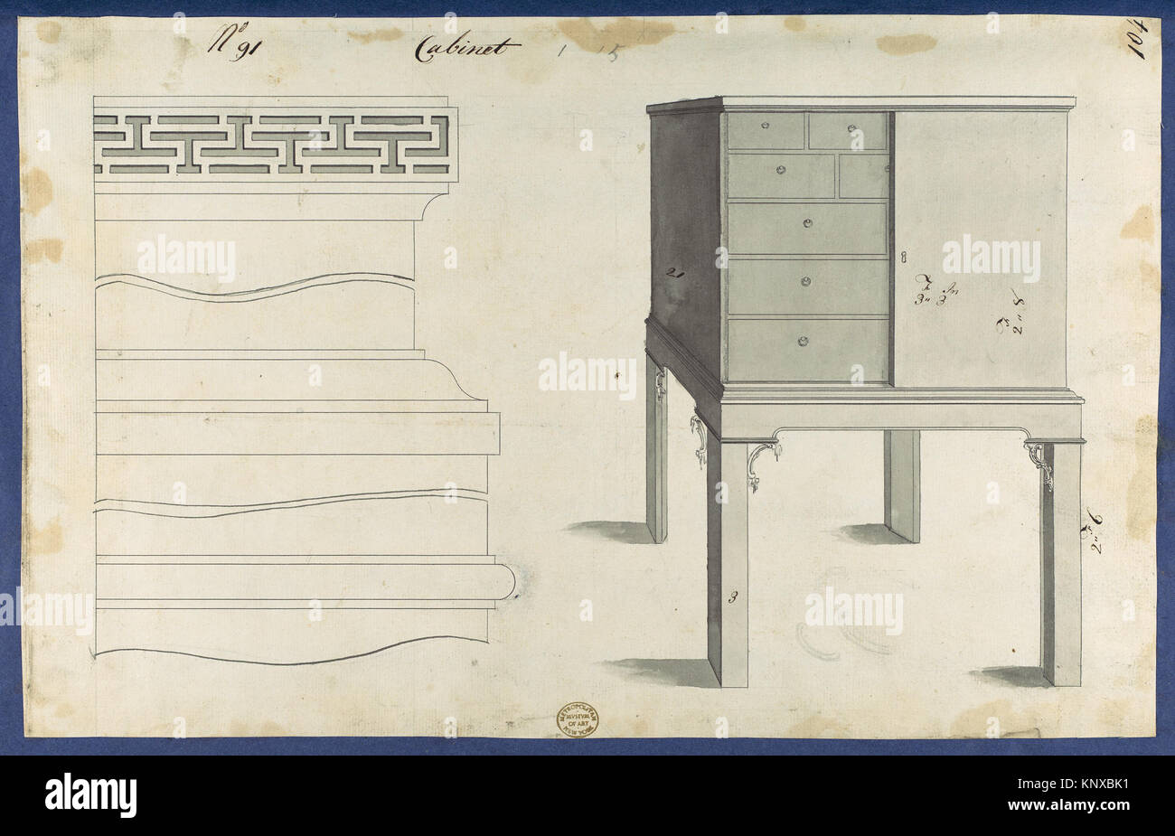 Technical drawing of a Chippendale cabinet from Volume II, showing ...