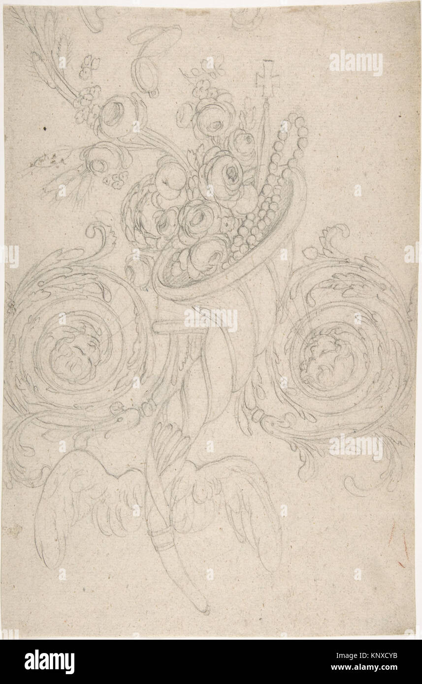 A MET graphite drawing of a cornucopia held by angels with a cross and ...