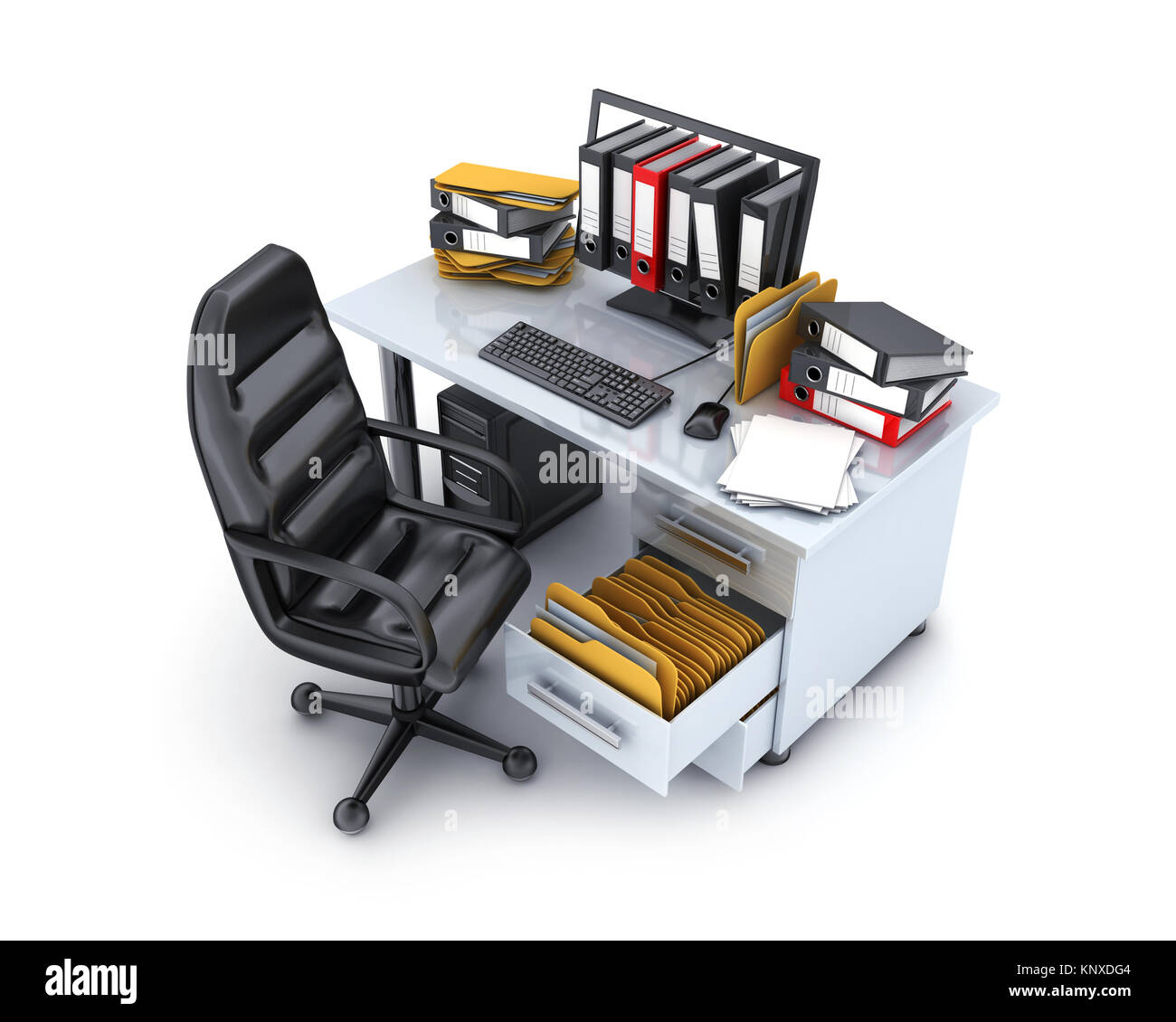 Desktop and many files on white background. 3d illustration Stock Photo ...