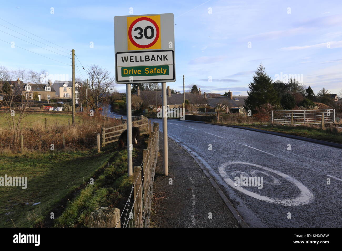 Wellbank drive safely sign Angus Scotland December 2017 Stock Photo - Alamy