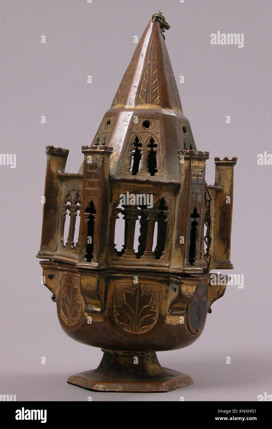 A copper-gilt Italian censer from the 15th century with champlevé ...