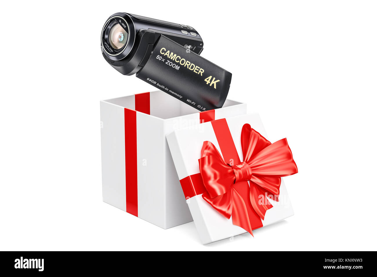 Gift concept, camcorder inside gift box. 3D rendering isolated on white ...