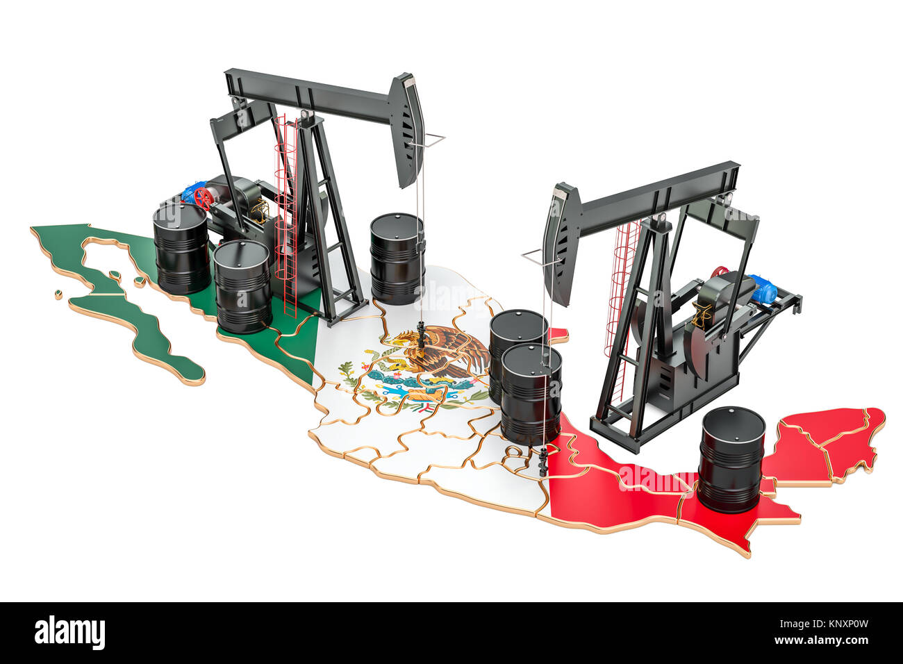 Mexican map with oil barrels and pumpjacks. Oil production concept. 3D ...