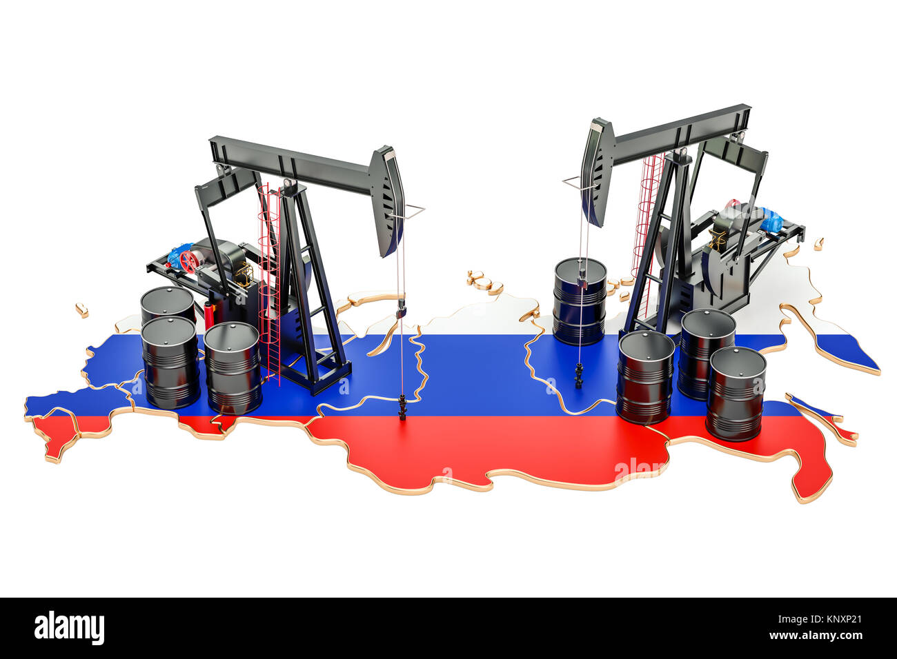 Russian map with oil barrels and pumpjacks. Oil production concept. 3D ...