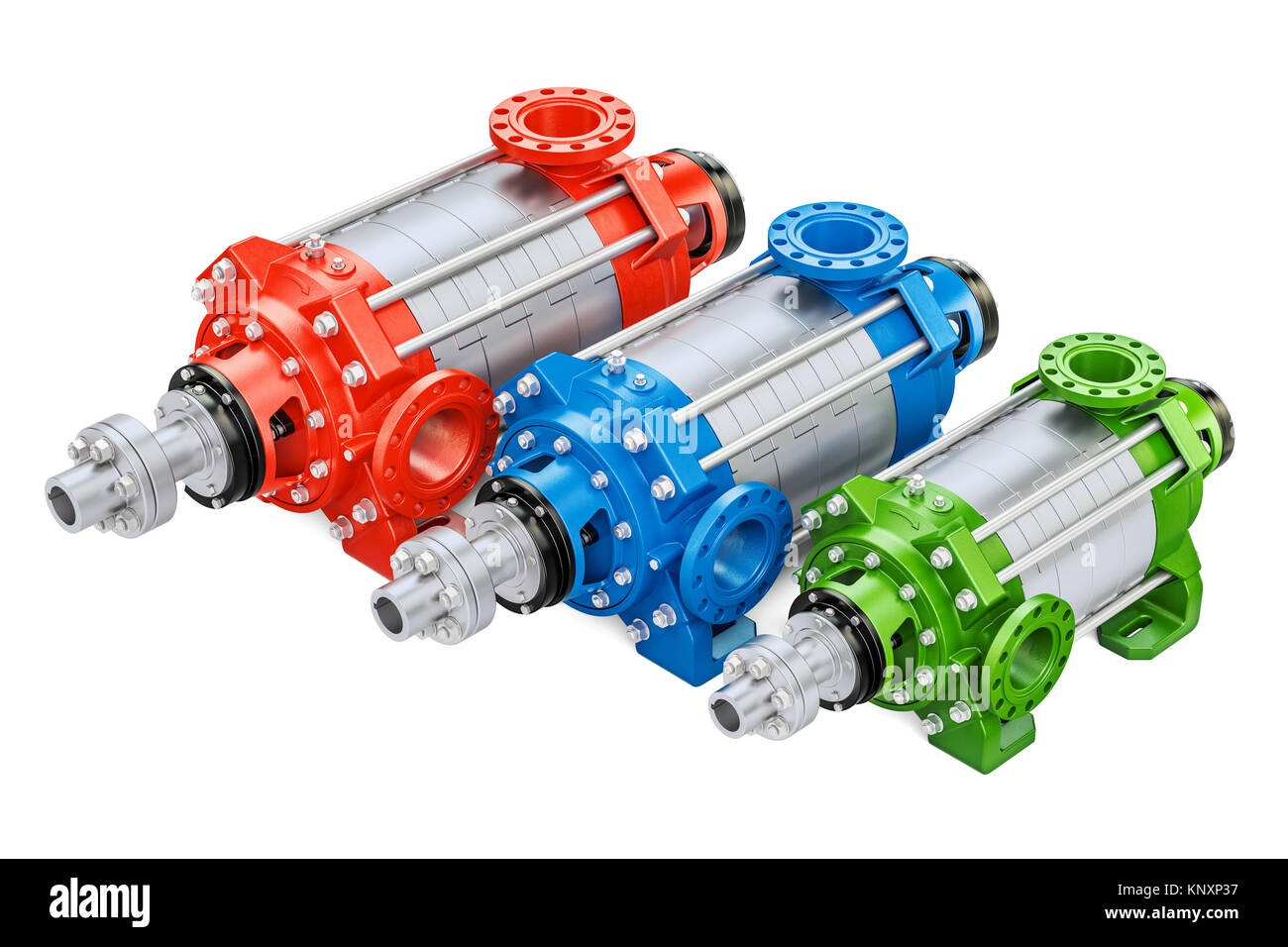 Set of colored horizontal multistage centrifugal pump, 3D rendering ...