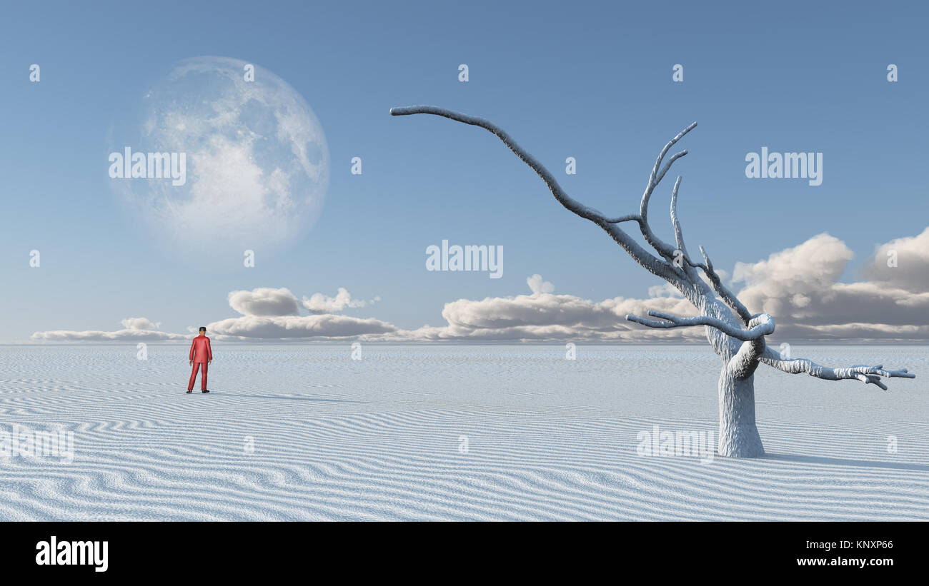 Surrealism. Man in red suit stands in white desert with old dry tree ...