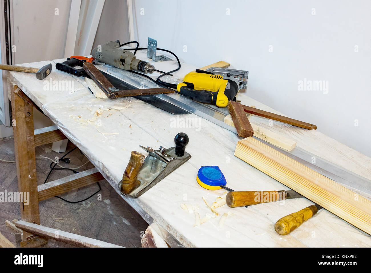 Table with the tools of a carpenter Stock Photo - Alamy