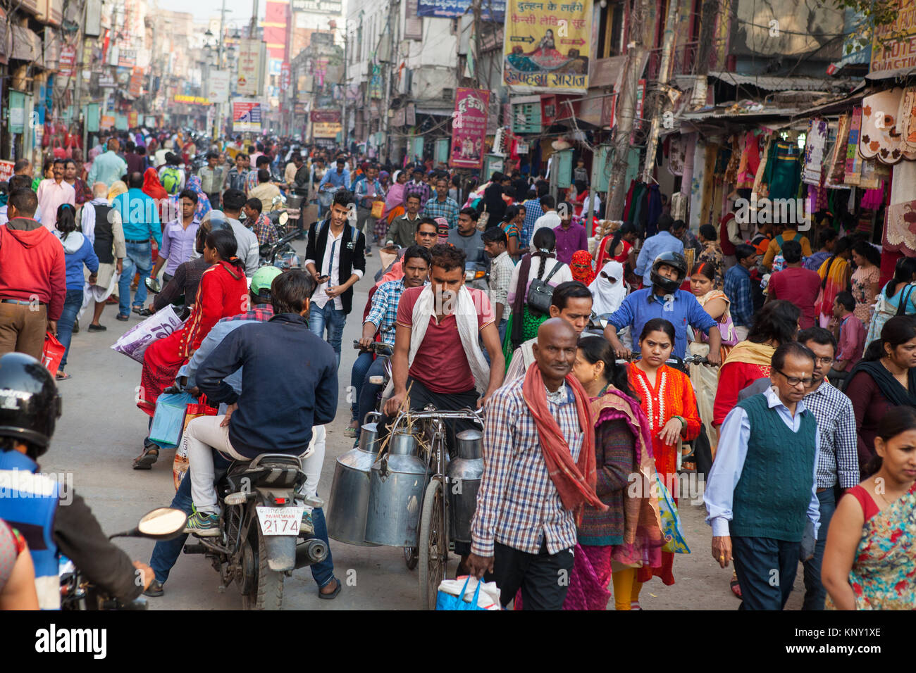 Traffic and pedestrians in a busy and congested Dasashwamedha Ghat Road ...