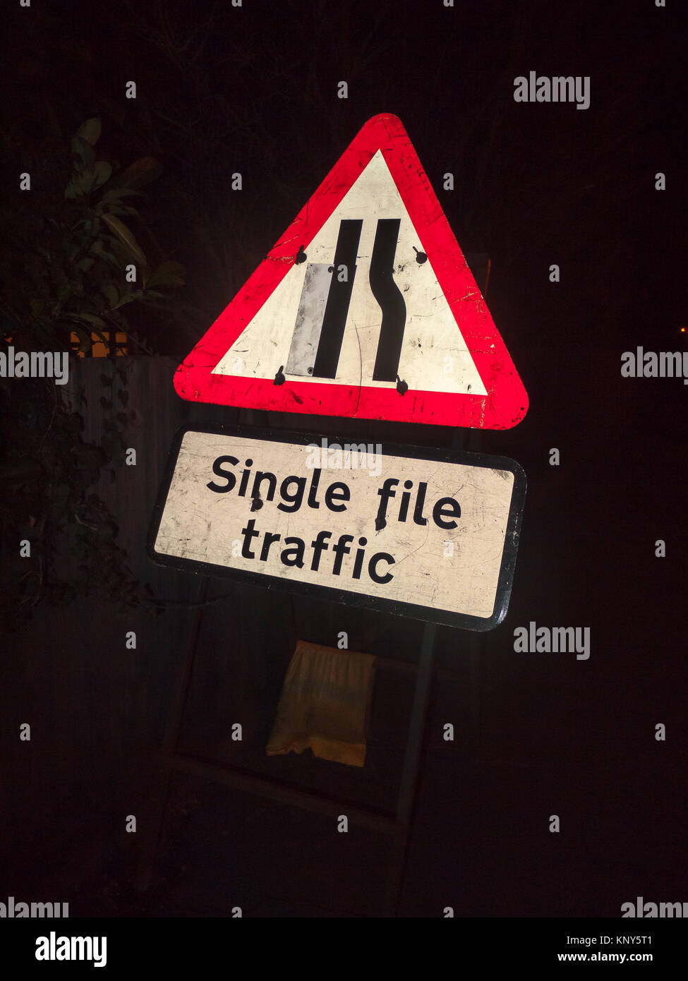 road traffic sign at night construction work single file traffic; essex ...