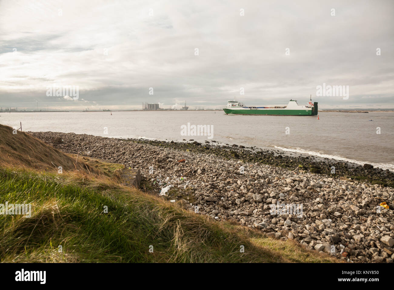 The Mistral Ro-Ro-cargo ship enters the Tees estuary at Redcar,England ...
