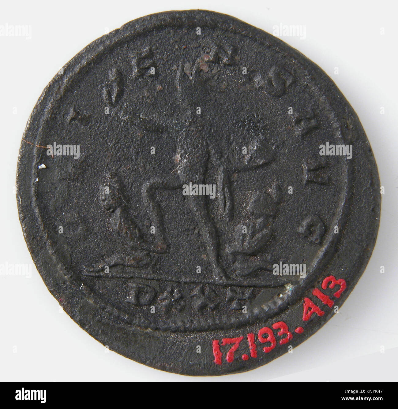 Late Roman coin from 270–275 CE, made of copper alloy, measuring 2.3 x ...