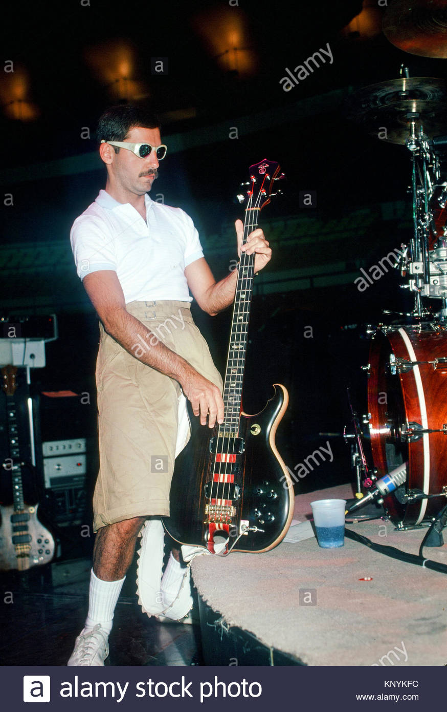 Bassist Chuck Panozzo of American hard rock band Styx wearing English ...
