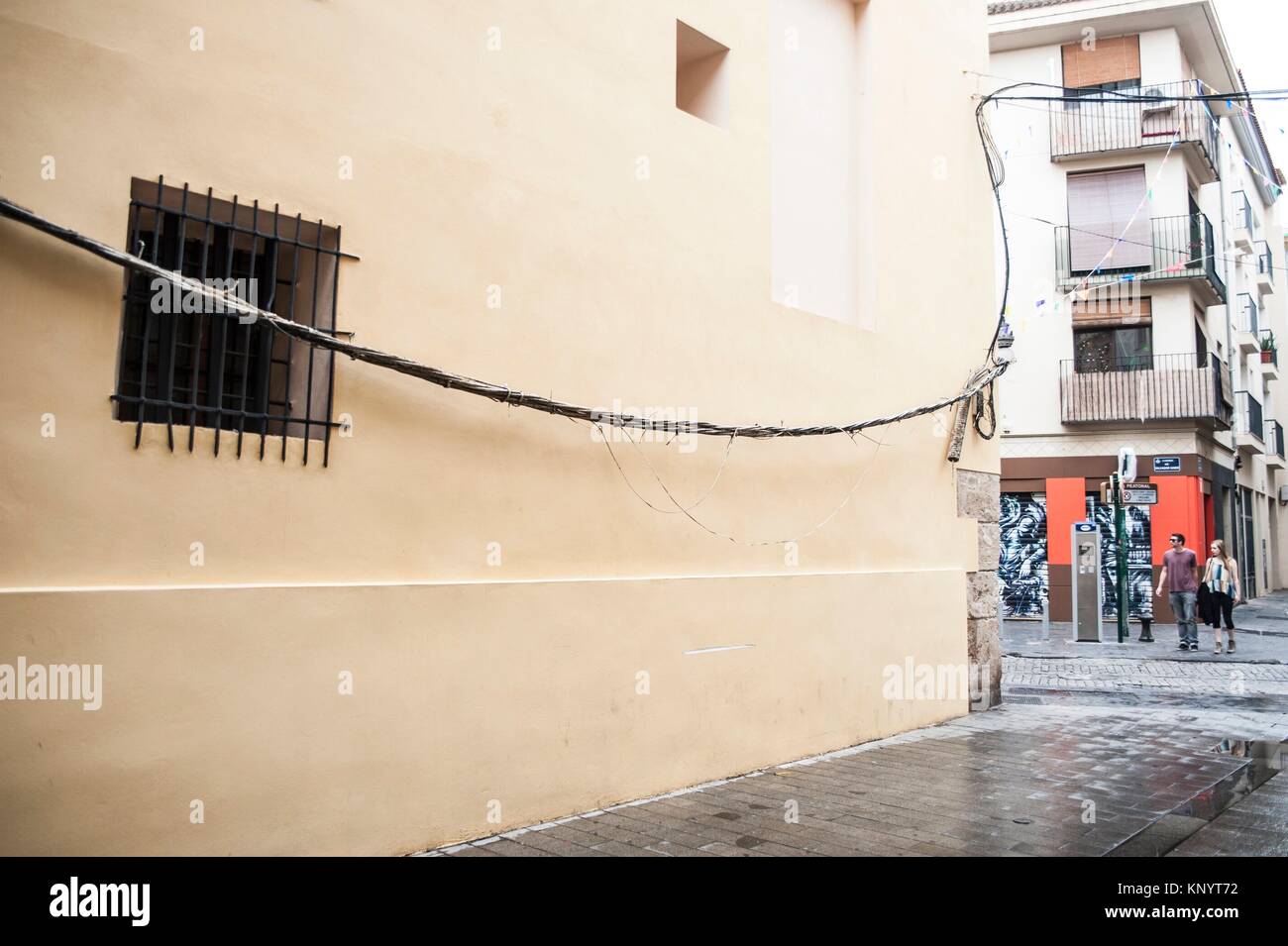 Cable crossing the facade of a building, Valencia, Spain Stock Photo ...