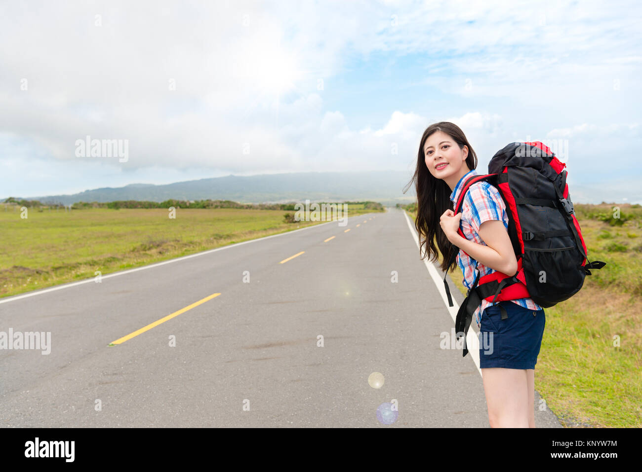 Smiling Happy Female Backpacker Turn Around To Searching Travel Hiking
