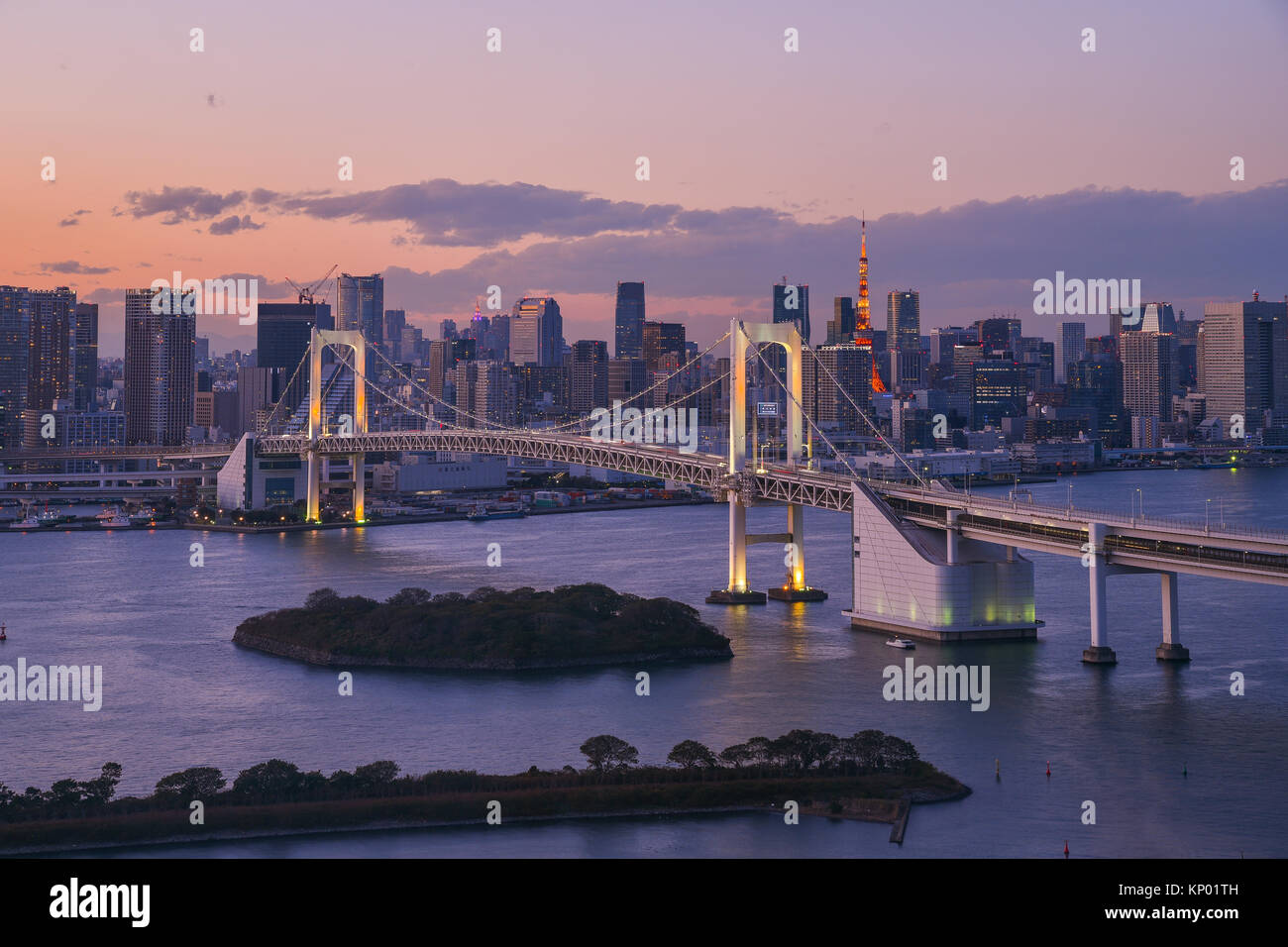 Rainbow bridge with Tokyo city view from Odaiba Island. Tokyo, Japan ...