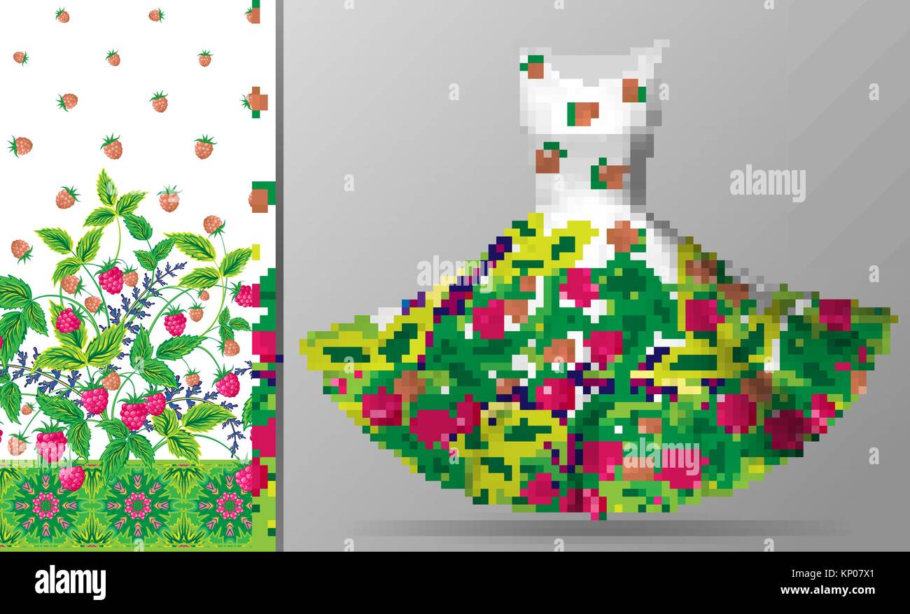 Seamless vertical raspberries design with ornate border. Floral pattern ...